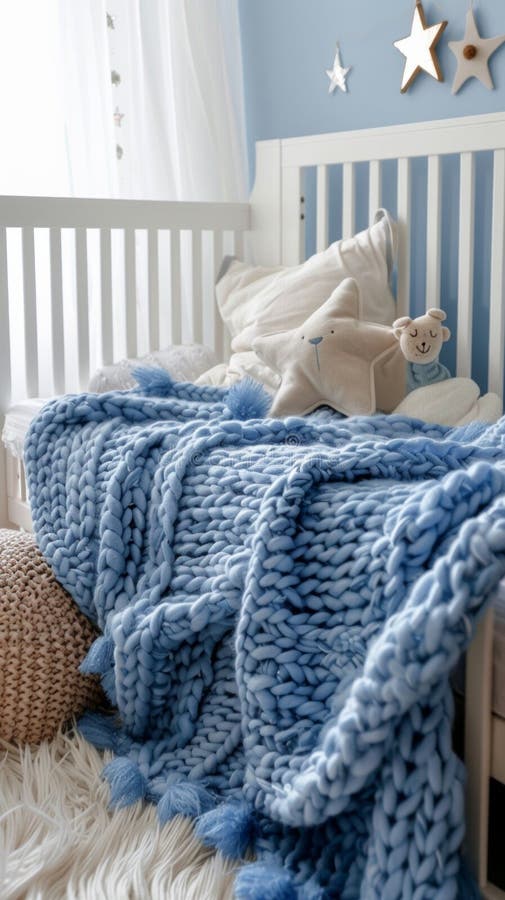 Warm and Cozy Child Room Interior with Cozy Bed, Under Blue Blanket ...