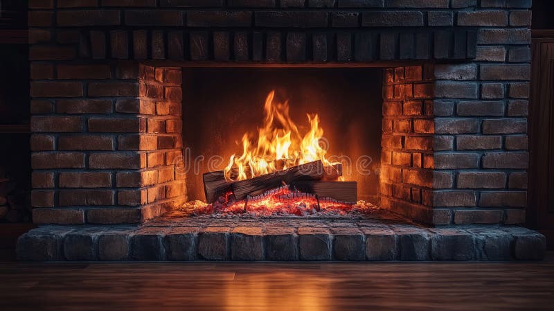 Warm Cozy Fire Burning in a Rustic Brick Fireplace. Stock Photo - Image ...
