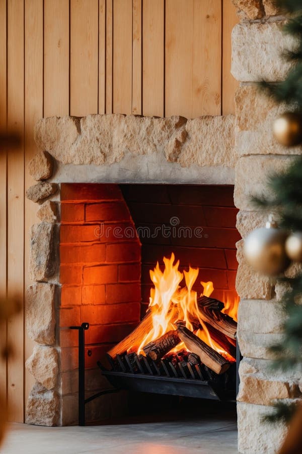 Warm Cozy Fire in Rustic Stone Fireplace. Stock Image - Image of rustic ...