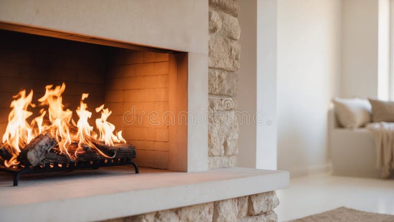 Warm Cozy Fire in Rustic Stone Fireplace. Stock Image - Image of stone ...