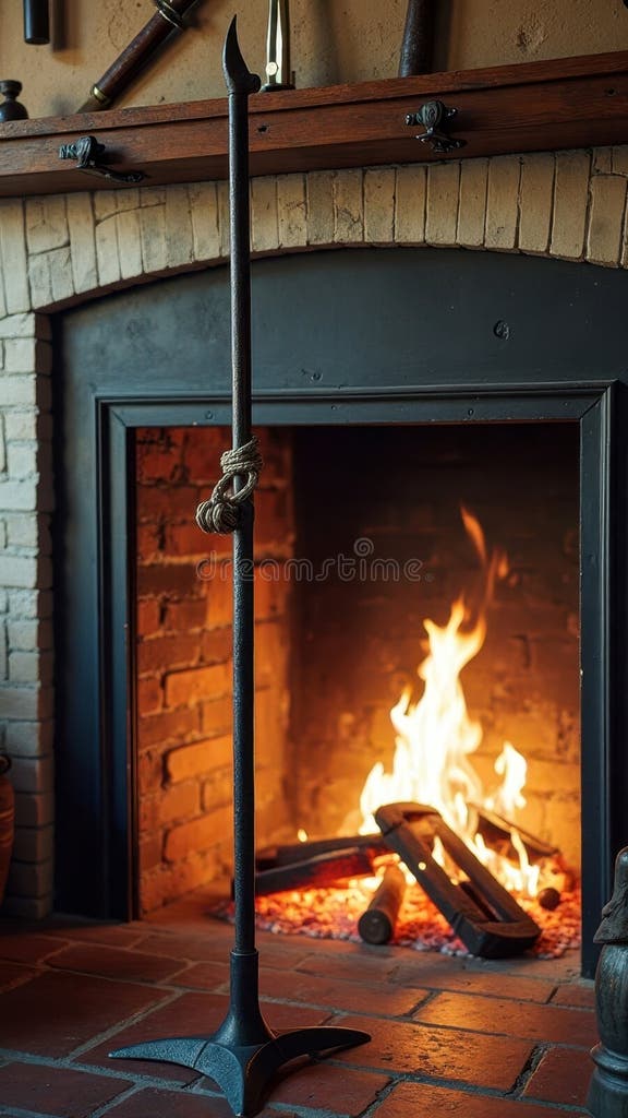 Warm Cozy Fireplace with Metal Poker and Burning Logs in Rustic Setting ...