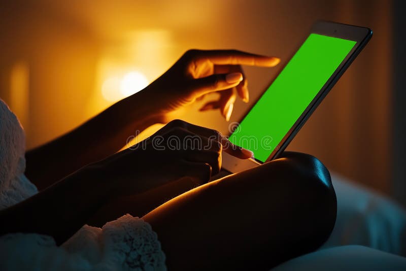 Warm Cozy Hands Pointing Tablet Screen Green Light Night Relaxation ...
