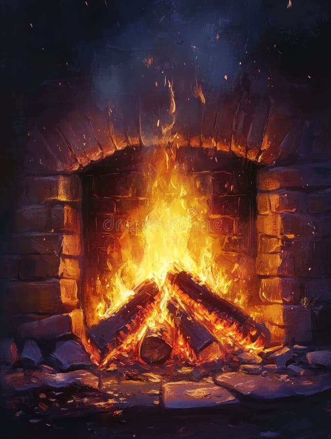 Warm Cozy Scene Fire Burning Brick Fireplace Dark Room Stock Photos ...