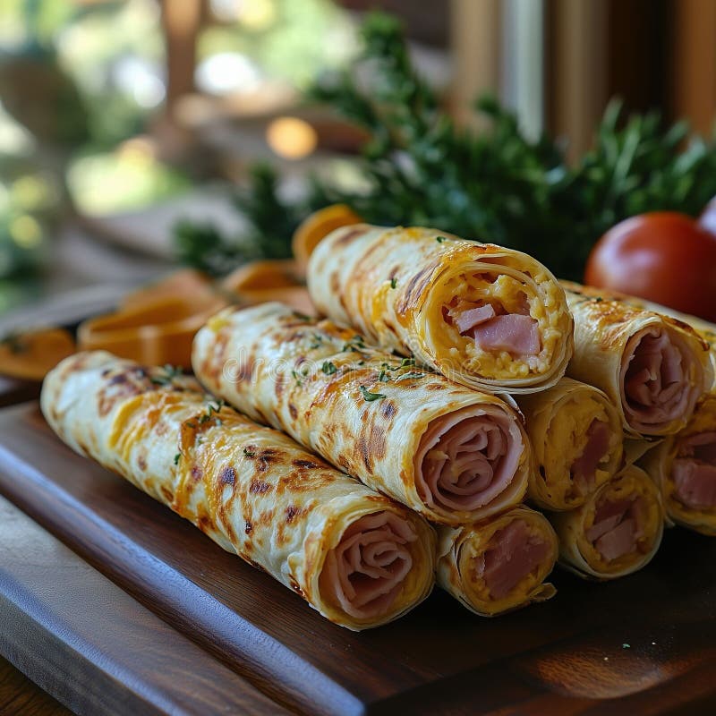 Hot and Cheesy Ham Wraps on Plate Stock Illustration - Illustration of ...