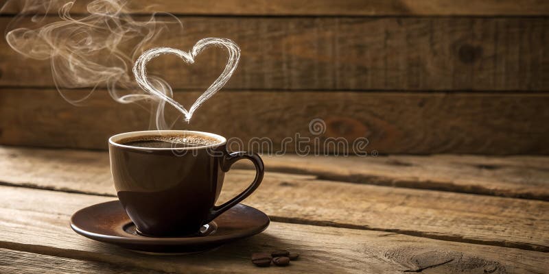 Warm Cup of Coffee with Steam Shaped Like a Heart on a Wooden Table ...