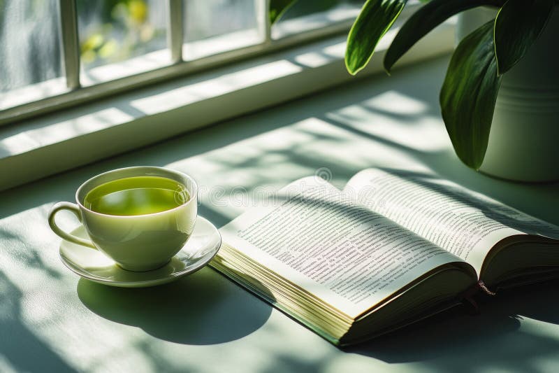 Warm Cup of Green Tea Alongside an Open Book on a Rustic Table Stock ...