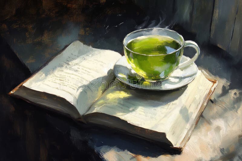 Warm Cup of Green Tea Alongside an Open Book on a Rustic Table Stock ...