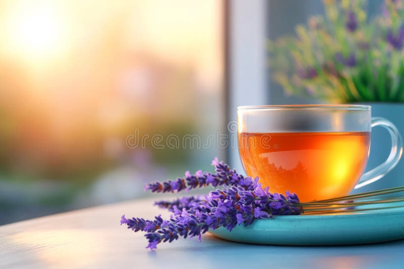 Warm Cup of Herbal Tea with Lavender Flowers and Soft Morning Light in ...