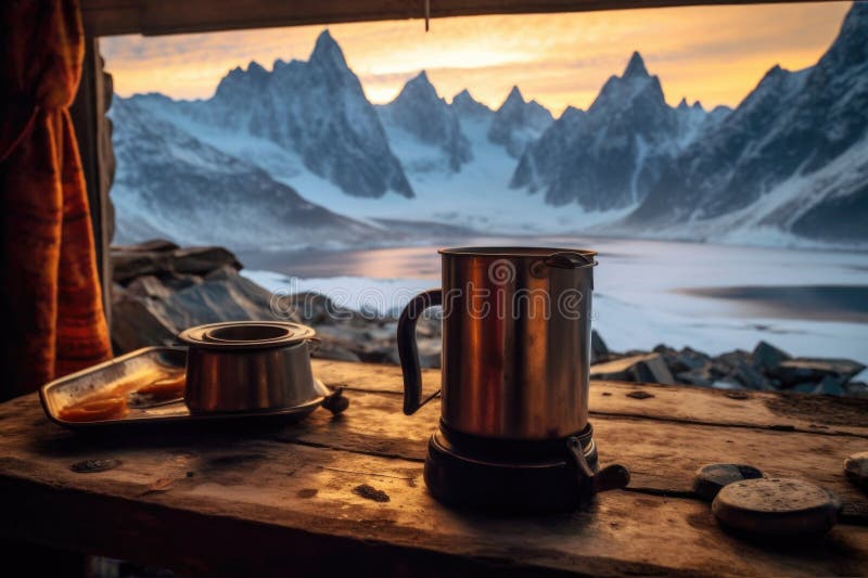 Warm Cup of Tea on a Camp Stove with Mountain View Stock Illustration ...
