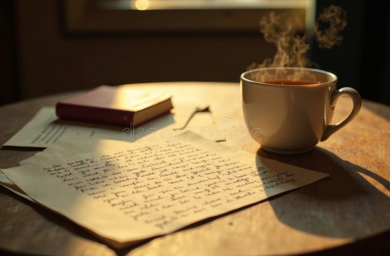 Warm Cup of Tea beside Handwritten Letter on Wooden Table in Soft Light ...