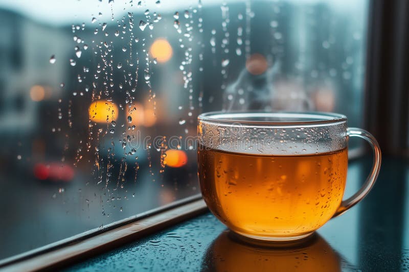 Steaming Cup of Tea on a Windowsill with Raindrops on the Glass ...