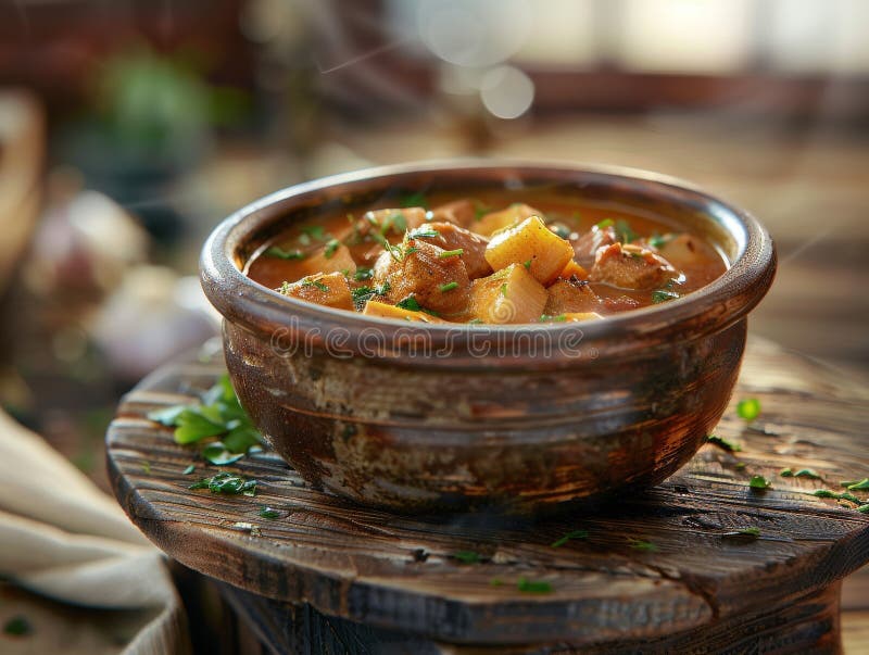 Warm Curry Bowl with Vegetables and Meat Served on Rustic Table Stock ...