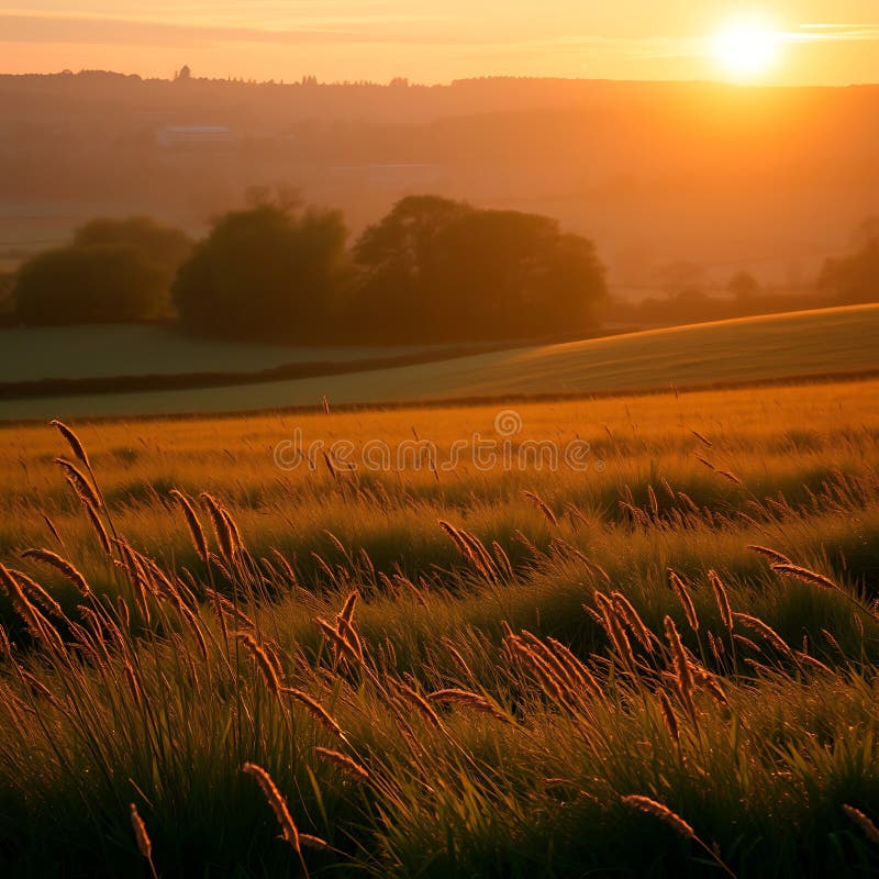 Warm Dawn Over English Countryside Meadow Stock Illustration ...