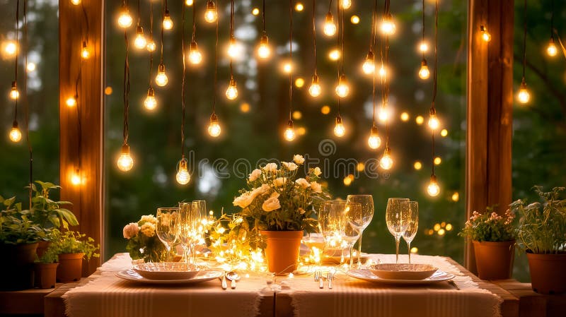 A Warm Dinner Table Decorated with Flowers and Lights, Perfect for an ...