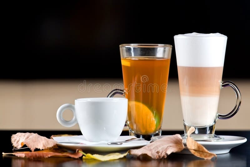 Warm Drinks: Coffee, Tea, Latte with Autumn Leaves Stock Photo - Image ...