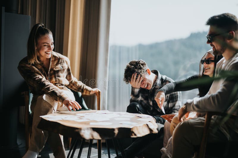 Group of Friends Planning Together Around a Table Playing Cards. Stock ...