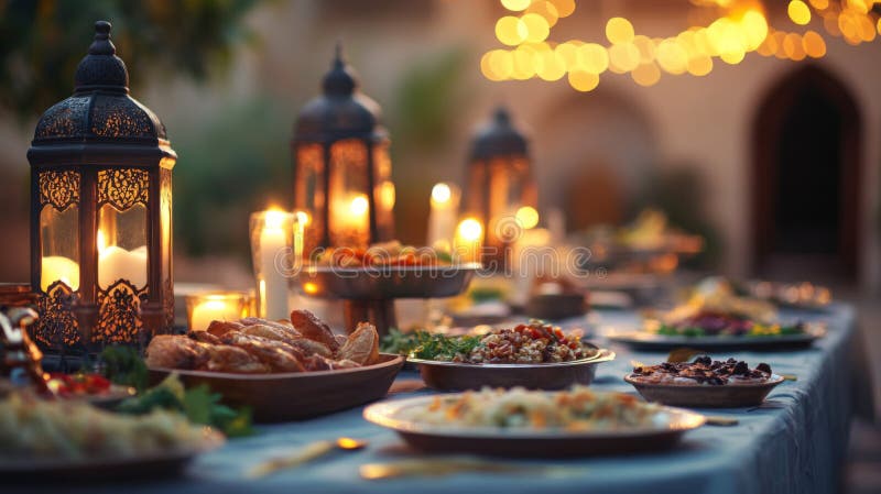 Warm Evening Dinner Party with Candlelit Lanterns Stock Illustration ...