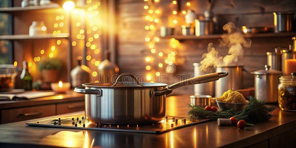 Warm Evening Kitchen Scene with Steaming Pot and Festive Decor ...