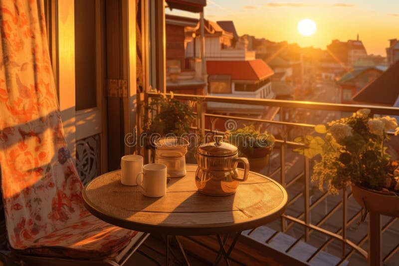 Warm Evening Light on Balcony with Tea Set Stock Illustration ...