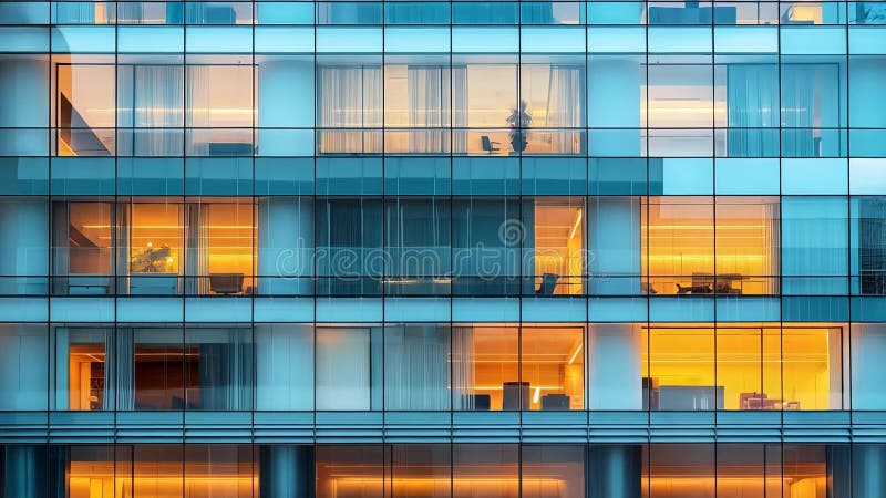 Warm Sunset Glow Illuminating Sleek Glass Exterior of Contemporary ...