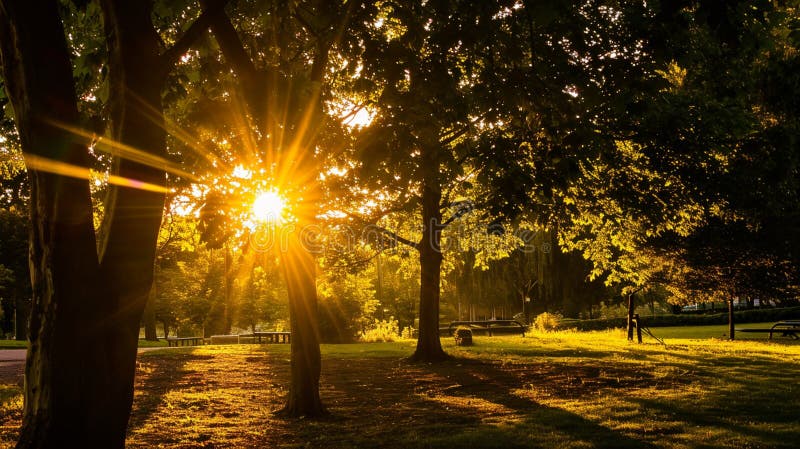 The Warm Evening Sunlight Shining through the Trees . Generative Ai ...