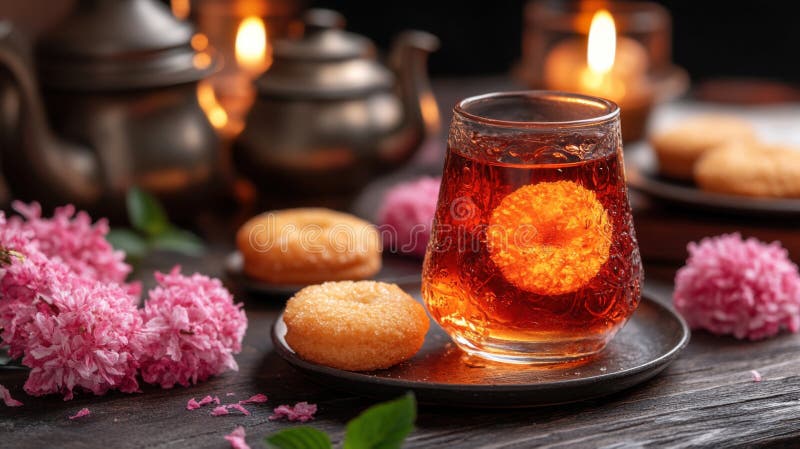 Warm Evening Tea with Pink Flowers and Cookies Stock Photo - Image of ...