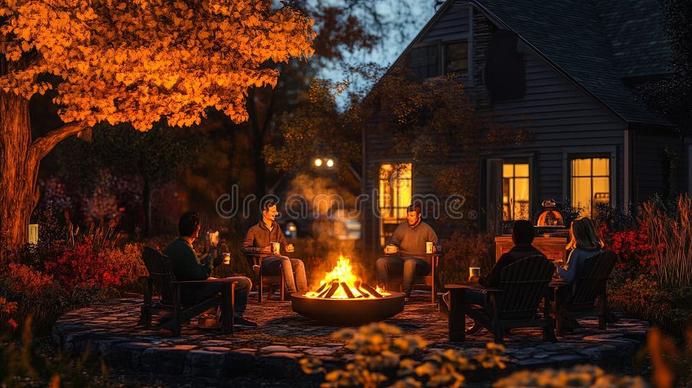 A Warm Fall Evening with a Fire Pit and Friends Enjoying Hot Drinks ...