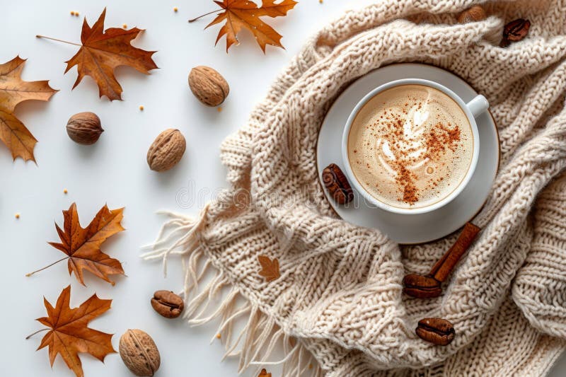 Warm Fall Morning Coffee with Blanket, Nuts, and Leaves Stock Image ...