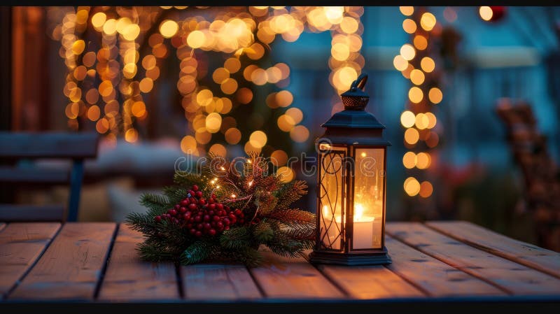 Warm Festive Evening with Lantern and Holiday Decorations on Wooden ...