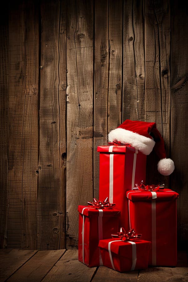 Warm Festive Glow Santa Hat on Gift Stack Against Rustic Wooden Wall in ...