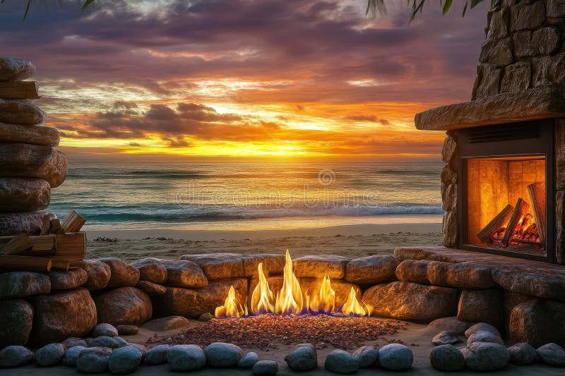 Cozy Beach Fire Pit at Sunset with Ocean and Vibrant Clouds Stock Photo ...