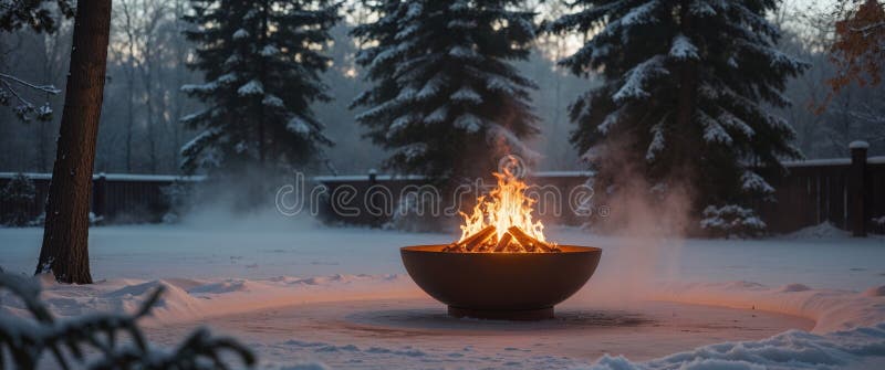 Warm Fire Pit Glowing in Snowy Winter Backyard at Dusk Stock Photo ...
