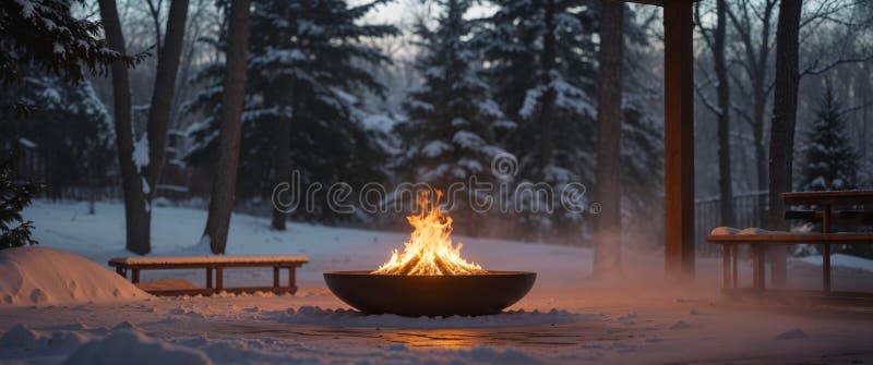 Warm Fire Pit Glowing in Snowy Winter Backyard at Dusk. Stock Image ...