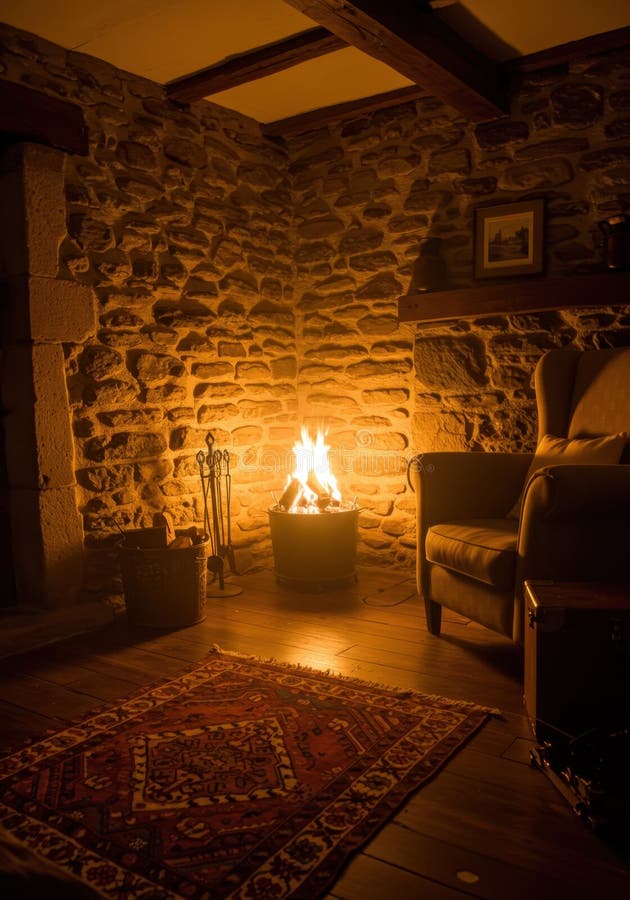 Warm Fire in Rustic Stone Fireplace Stock Illustration - Illustration ...