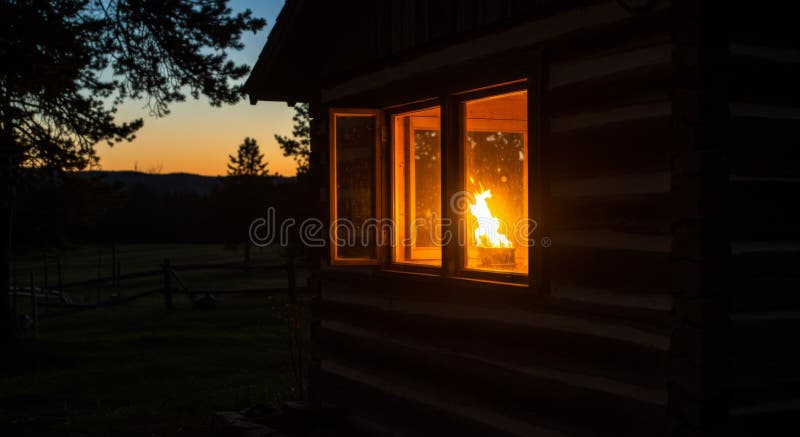 Warm Firelight Illuminates Rustic Log Cabin at Sunset Stock ...