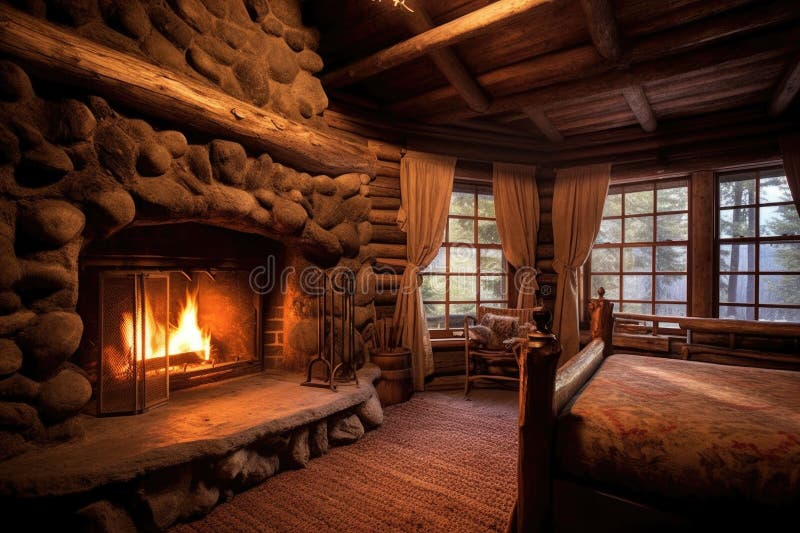 Warm Fireplace with Crackling Fire Inside Cabin Stock Illustration ...