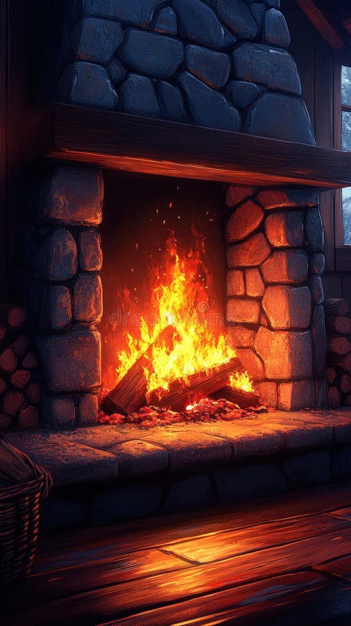 Warm Fireplace with Glowing Flames and Rustic Stone Design Stock Image ...