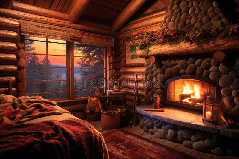 Warm Fireplace Glowing in a Log Cabin Stock Illustration - Illustration ...