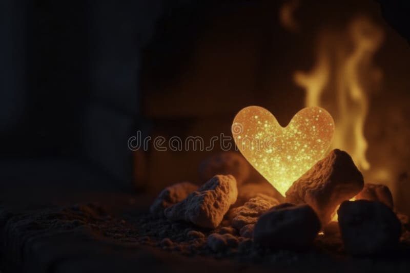 Warm Fireplace with Heart Shaped Embers Glowing Softly in the Darkness ...