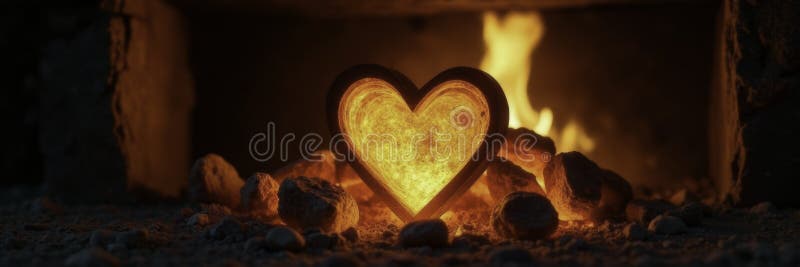 Warm Fireplace with Heart Shaped Embers Glowing Softly in the Darkness ...