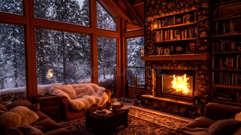 Rustic Cabin Interior with Fireplace and Snowy Forest View Seamless ...
