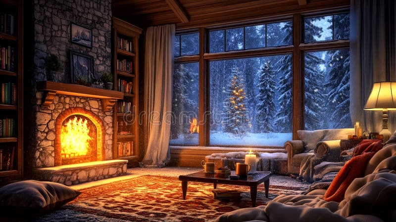 Cozy Rustic Cabin with Fireplace and Snowy Forest View Seamless Looping ...