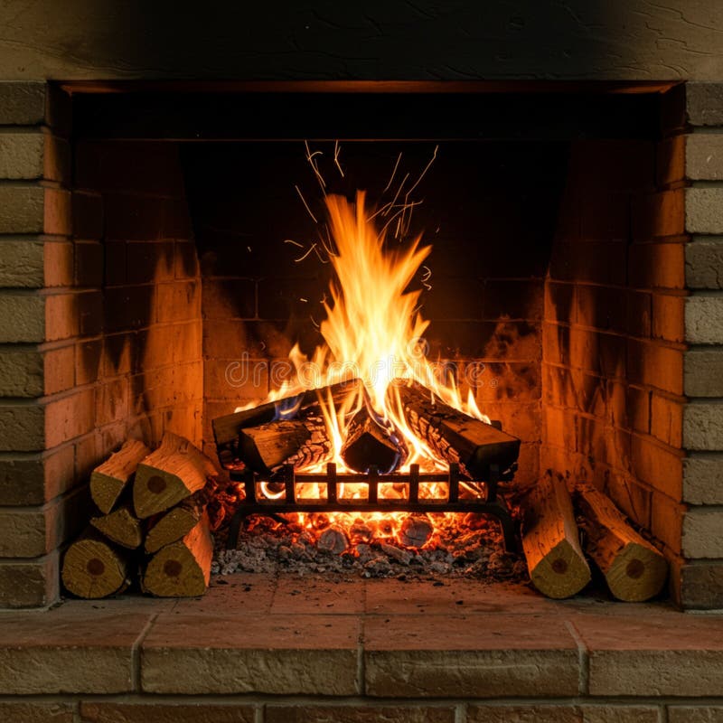 Warm Fireplace Scene with a Roaring Fire. Log Stack Placed Neatly ...