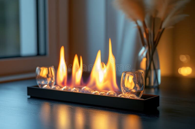 Warm Flames in a Stylish Tabletop Fire Feature beside Elegant Decor in ...