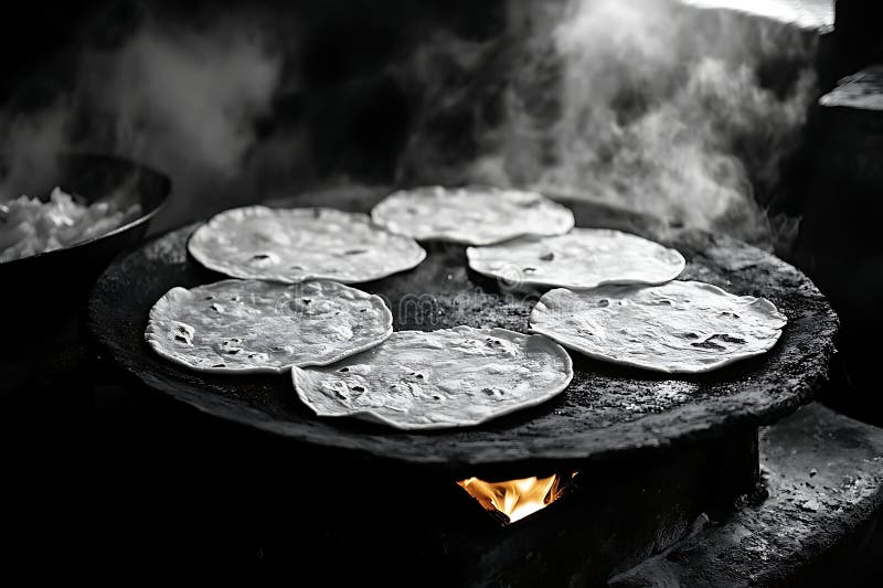 Warm Flatbread Cooking Over Open Flame with Rising Steam Stock Illustration - Illustration of ...