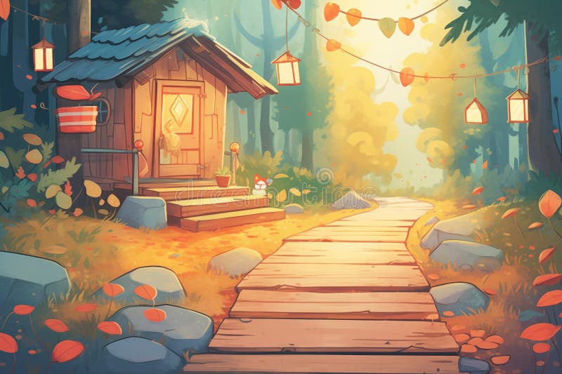 Warm Glow, Lantern-lit Path To Cabin Stock Illustration - Illustration ...