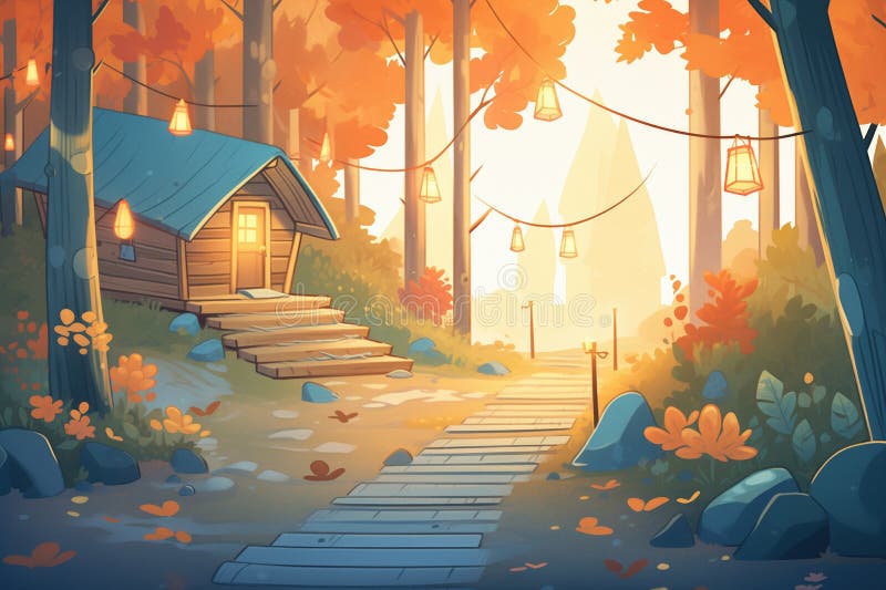 Warm Glow, Lantern-lit Path To Cabin Stock Illustration - Illustration ...
