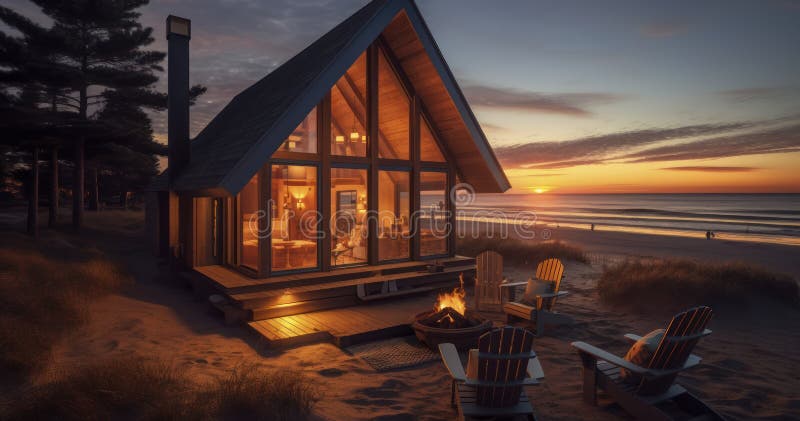 The Warm Glow of Sunset Over a Cozy Beach Cabin Stock Illustration ...