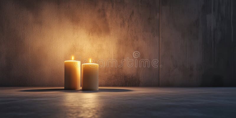 Warm Glow of Two Lit Candles Casting Soft Shadows on Textured Wall and ...