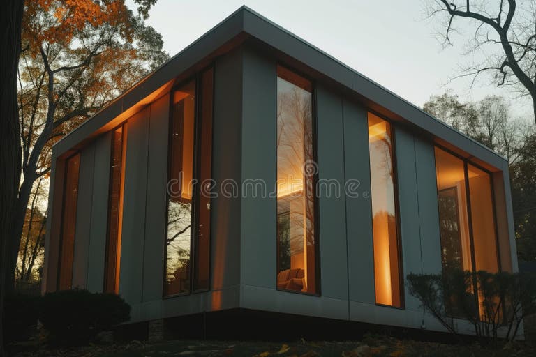 Warm Glow from Windows of a Cubeshaped Modern Home Stock Image - Image ...